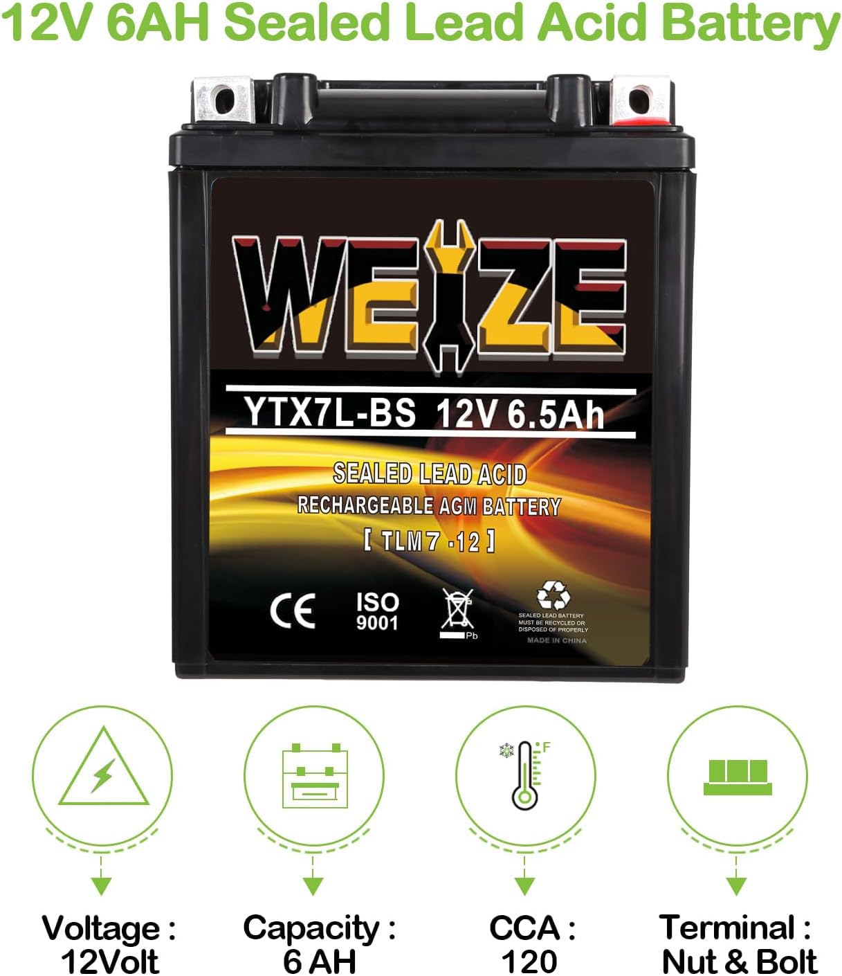 Weize YTX7L BS 100CCA ATV Battery High Performance - Maintenance Free - Sealed AGM YTX7L-BS Motorcycle Battery compatible with Honda Kawasaki Suzuki