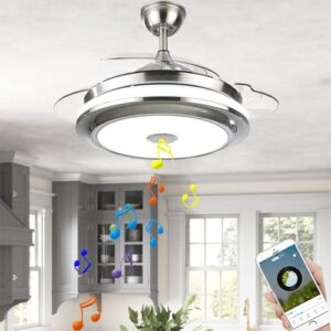 morechange 36" retractable ceiling fans with lights and music speaker,modern bluetooth led chandelier fans for dining room wih remote control 3 speeds 3 color changes lighting fixtures for living