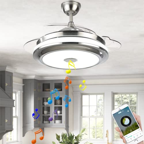 MoreChange 36" Retractable Ceiling Fans with Lights and Music Speaker,Modern Bluetooth LED Chandelier Fans For Dining Room wih Remote Control 3 Speeds 3 Color Changes Lighting Fixtures for Living