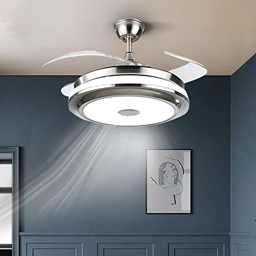 MoreChange 36" Retractable Ceiling Fans with Lights and Music Speaker,Modern Bluetooth LED Chandelier Fans For Dining Room wih Remote Control 3 Speeds 3 Color Changes Lighting Fixtures for Living