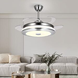 MoreChange 36" Retractable Ceiling Fans with Lights and Music Speaker,Modern Bluetooth LED Chandelier Fans For Dining Room wih Remote Control 3 Speeds 3 Color Changes Lighting Fixtures for Living