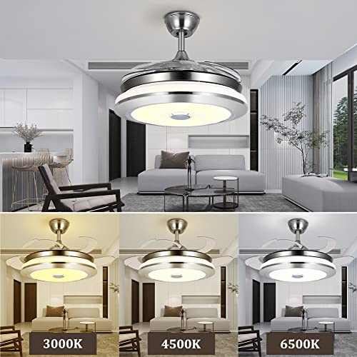 MoreChange 36" Retractable Ceiling Fans with Lights and Music Speaker,Modern Bluetooth LED Chandelier Fans For Dining Room wih Remote Control 3 Speeds 3 Color Changes Lighting Fixtures for Living