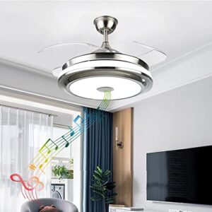 MoreChange 36" Retractable Ceiling Fans with Lights and Music Speaker,Modern Bluetooth LED Chandelier Fans For Dining Room wih Remote Control 3 Speeds 3 Color Changes Lighting Fixtures for Living