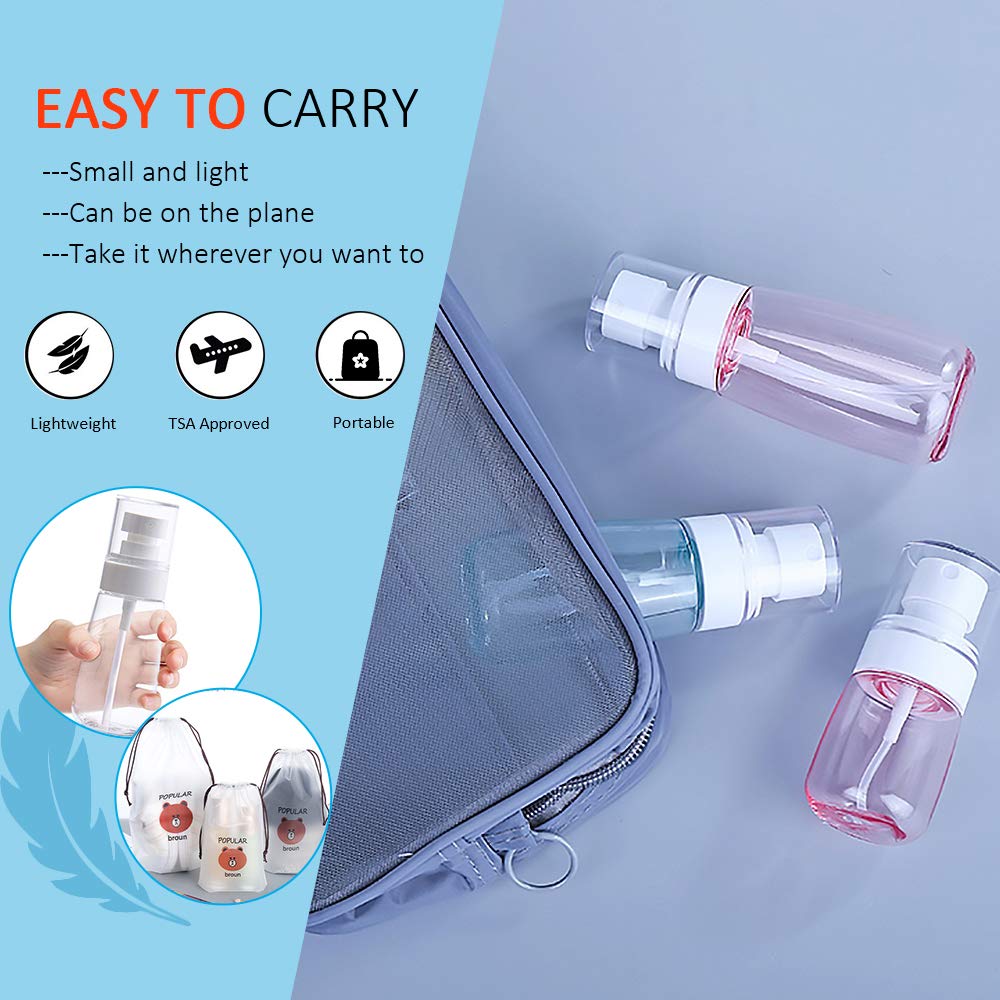 AMORIX 6PCS Spray Bottles Small 100ml 3.4 oz Empty Mini Travel Size Spray Bottle Fine Mist Hairspray Bottle for Essential Oils Refillable Travel Containers for Cosmetic, Perfume + Drawstring Bag