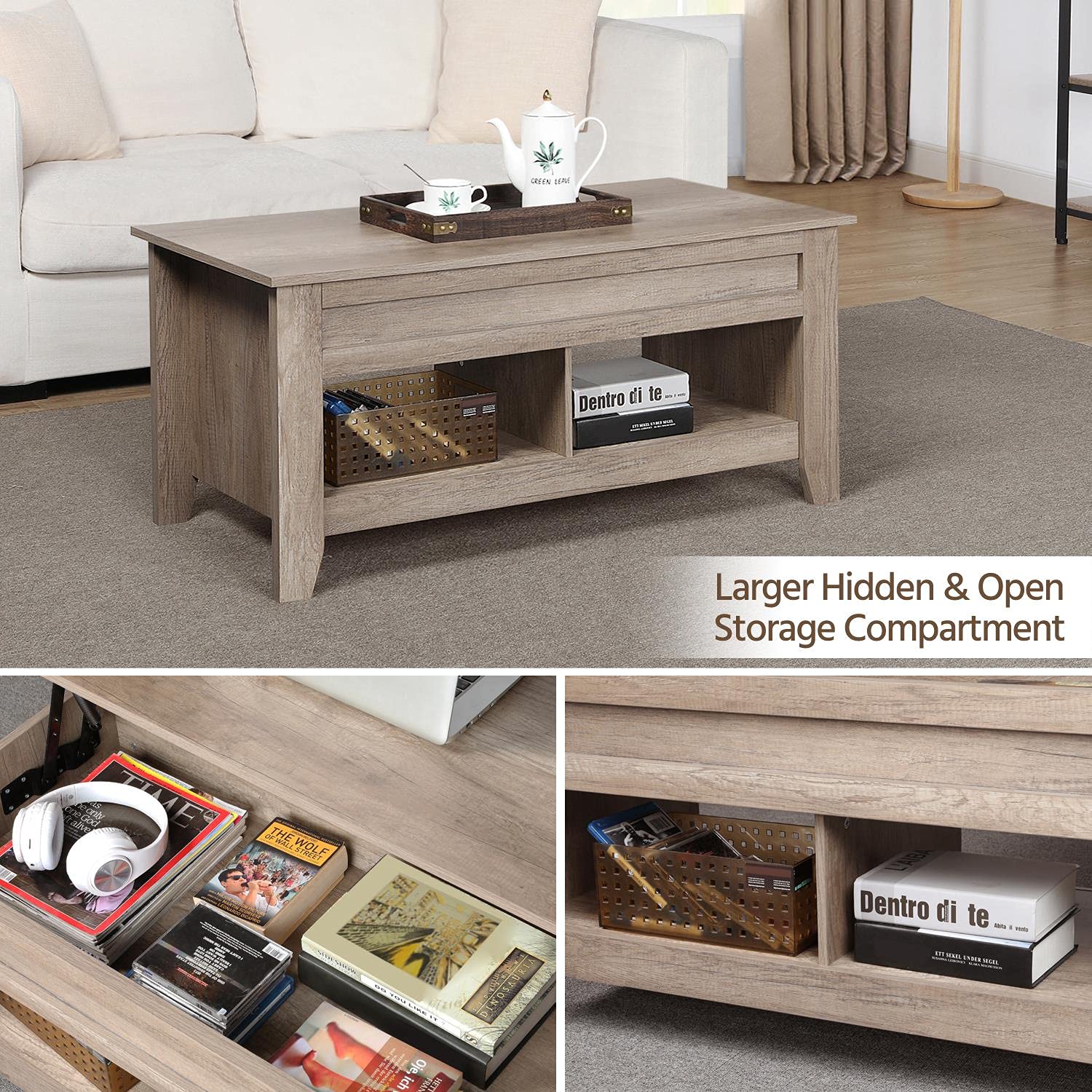 Topeakmart Modern Coffee Table with Storage Shelf and Hidden Compartmant, Living Room Center Tables with Lift Top, Gray