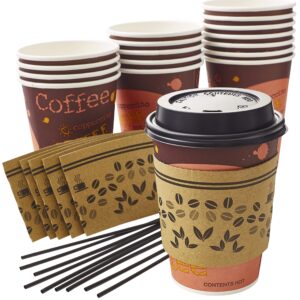 leak-free decorative 12oz disposable coffee cup 50pk set with sleeves lids and stirrers. recyclable and stylish brown paper cup bundle for party, office, business or cafe hot beverages and drinks.