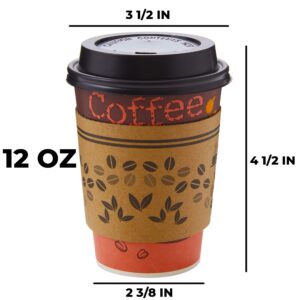 Leak-free Decorative 12Oz Disposable Coffee Cup 50Pk Set With Sleeves Lids and Stirrers. Recyclable and Stylish Brown Paper Cup Bundle for Party, Office, Business or Cafe Hot Beverages and Drinks.