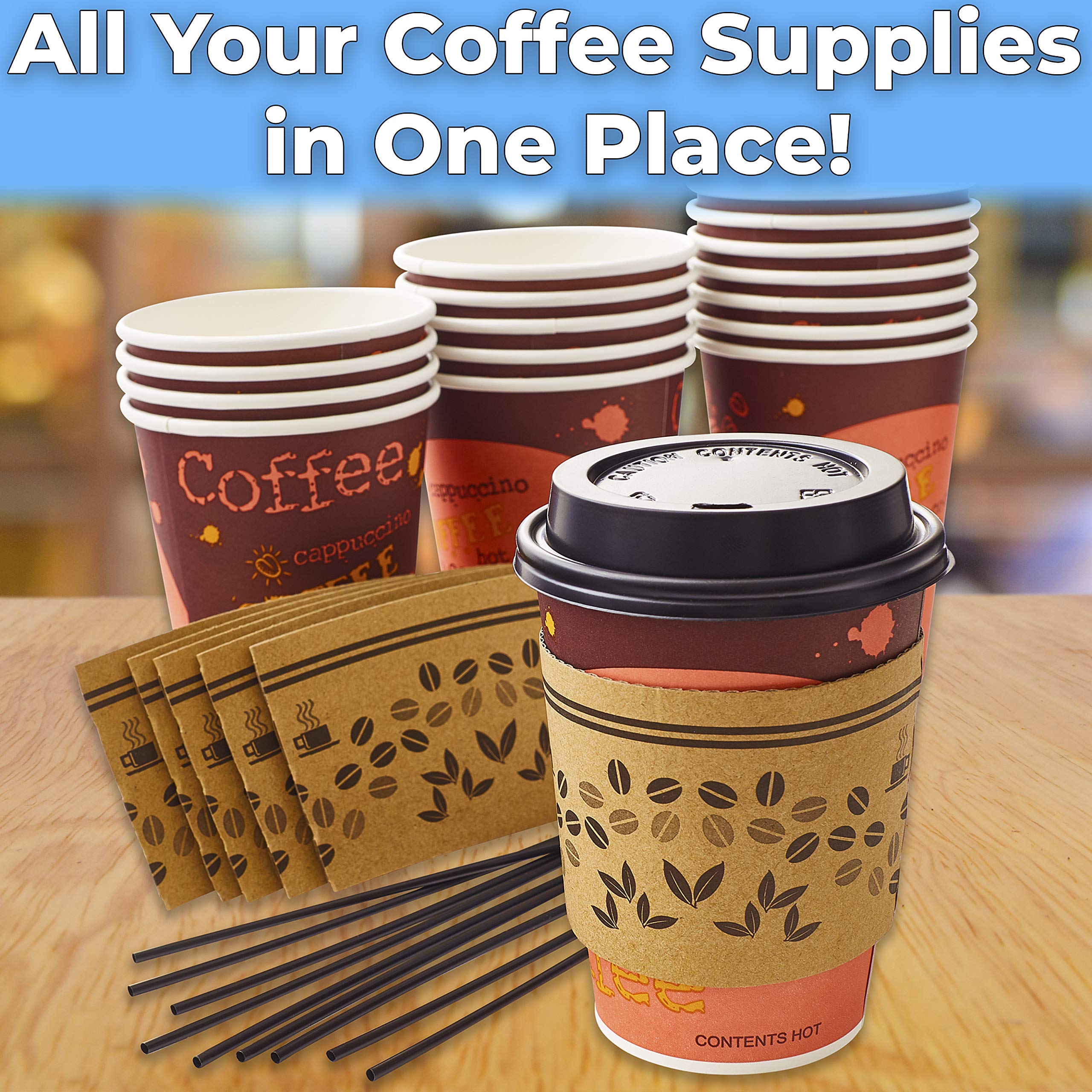 Leak-free Decorative 12Oz Disposable Coffee Cup 50Pk Set With Sleeves Lids and Stirrers. Recyclable and Stylish Brown Paper Cup Bundle for Party, Office, Business or Cafe Hot Beverages and Drinks.