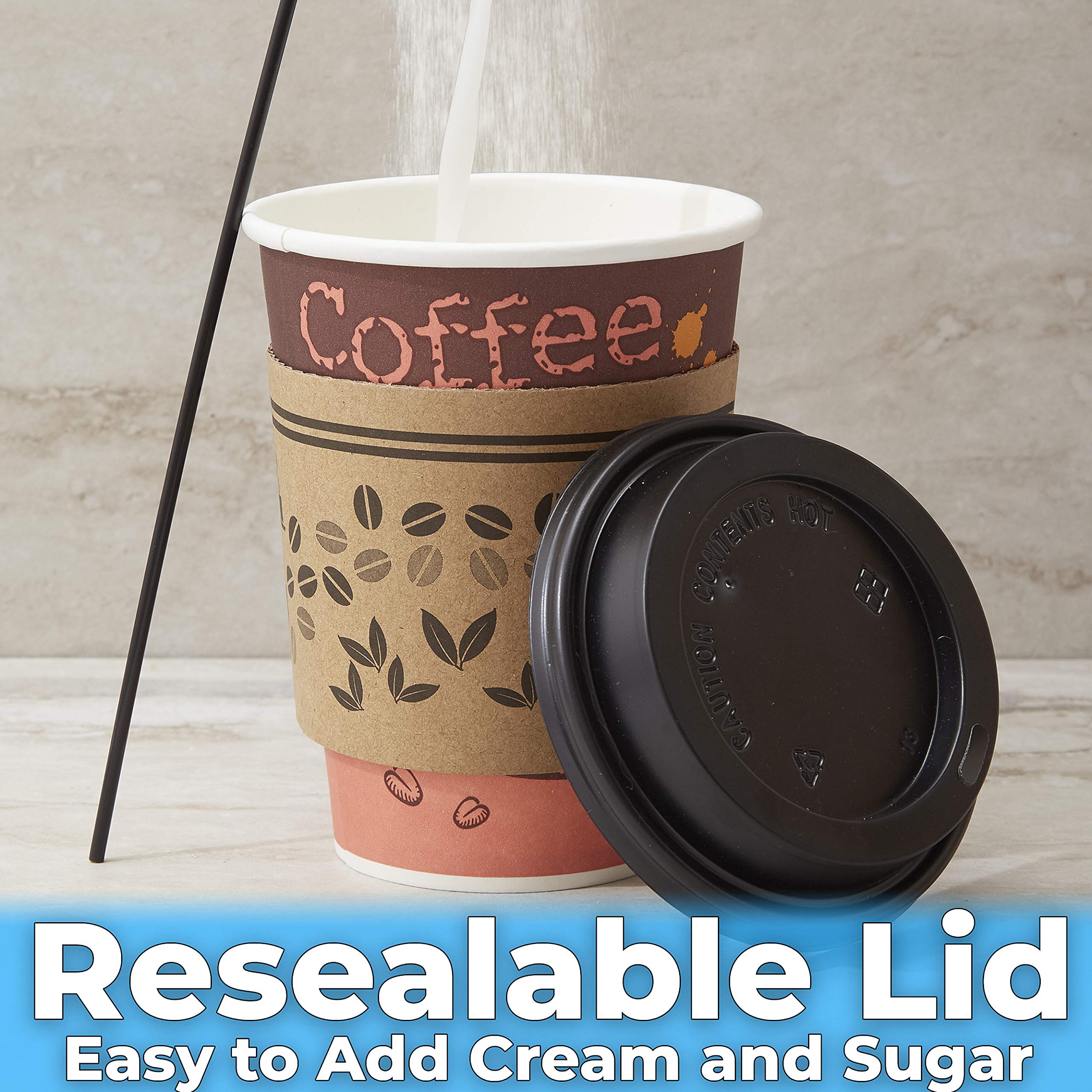 Leak-free Decorative 12Oz Disposable Coffee Cup 50Pk Set With Sleeves Lids and Stirrers. Recyclable and Stylish Brown Paper Cup Bundle for Party, Office, Business or Cafe Hot Beverages and Drinks.