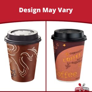 Leak-free Decorative 12Oz Disposable Coffee Cup 50Pk Set With Sleeves Lids and Stirrers. Recyclable and Stylish Brown Paper Cup Bundle for Party, Office, Business or Cafe Hot Beverages and Drinks.