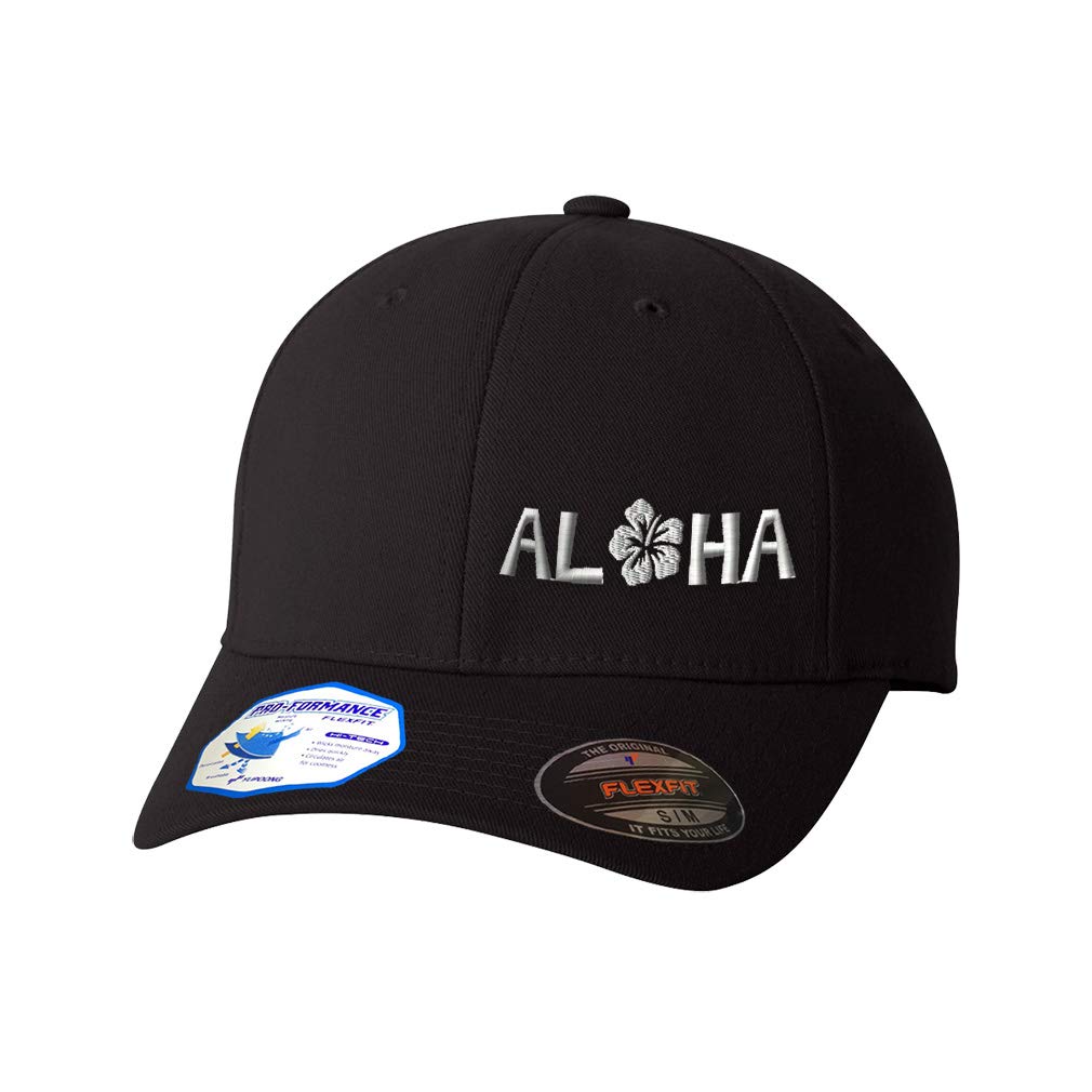 Flexfit Left Side Panel Aloha Sky White Hibiscus Embroidery Hats for Men & Women Polyester Black Small Medium