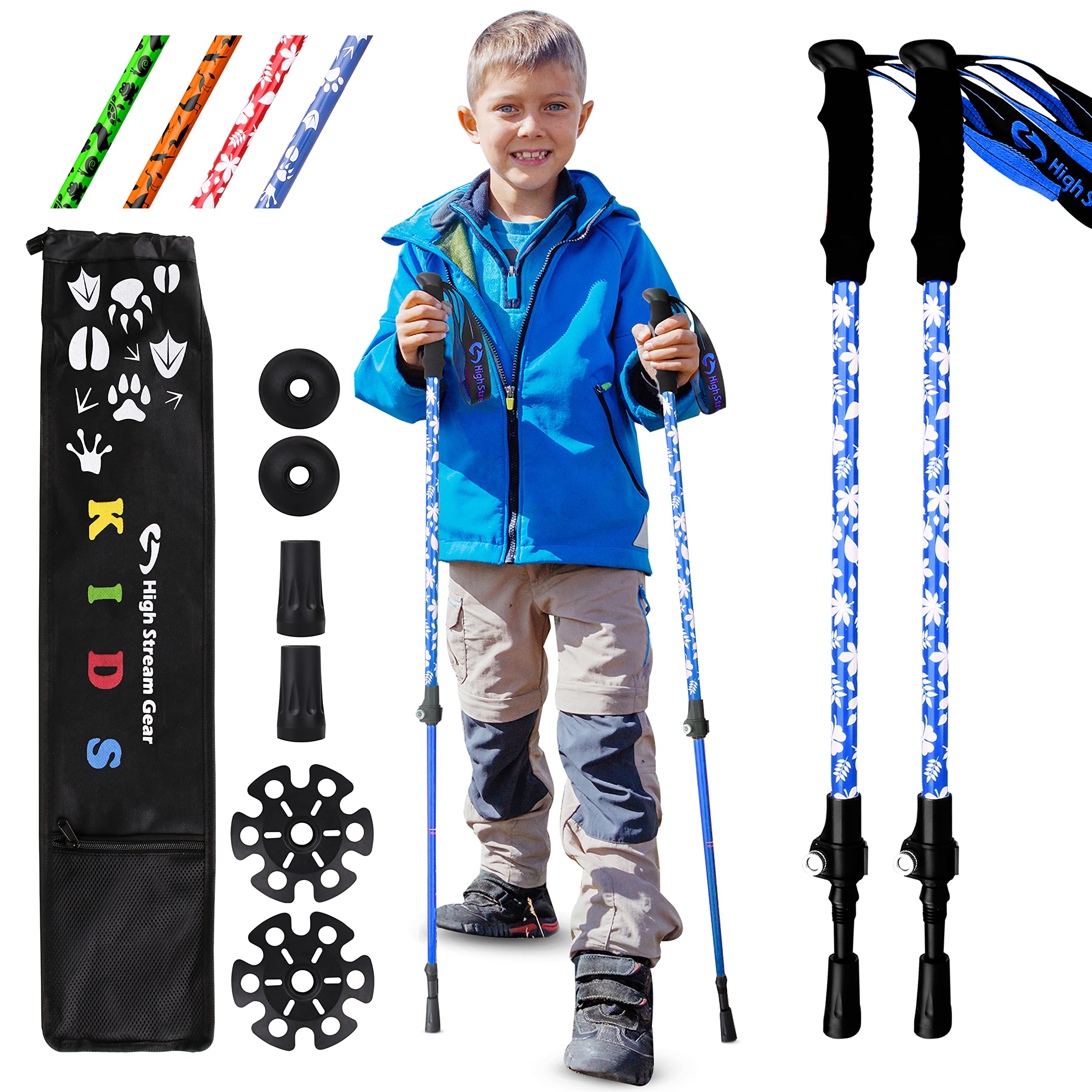 Kids Hiking Poles – Adjustable Telescopic Trekking Poles for Children – Includes: 2 Collapsible Walking Sticks for Hiking, Carrier Bag and Accessories All Designed for Boys and Girls (Blue)