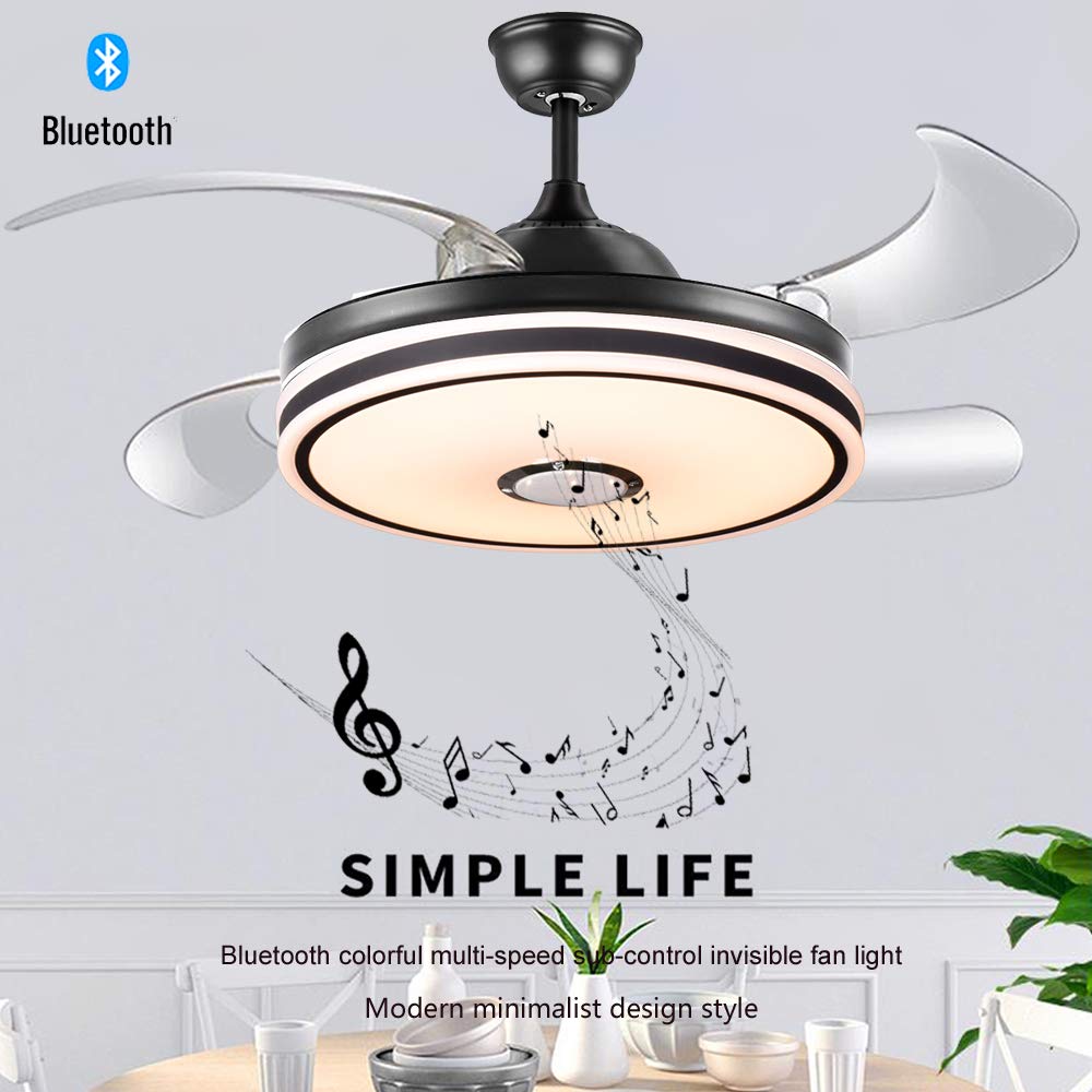 Retractable Ceiling Fan with Light with Bluetooth Speaker Color Changing 36W 42 Inch Music Black Invisible Blades Hidden Bluetooth Ceiling Fan Fandelier Chandelier Light with Remote Control