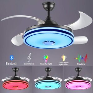 Retractable Ceiling Fan with Light with Bluetooth Speaker Color Changing 36W 42 Inch Music Black Invisible Blades Hidden Bluetooth Ceiling Fan Fandelier Chandelier Light with Remote Control