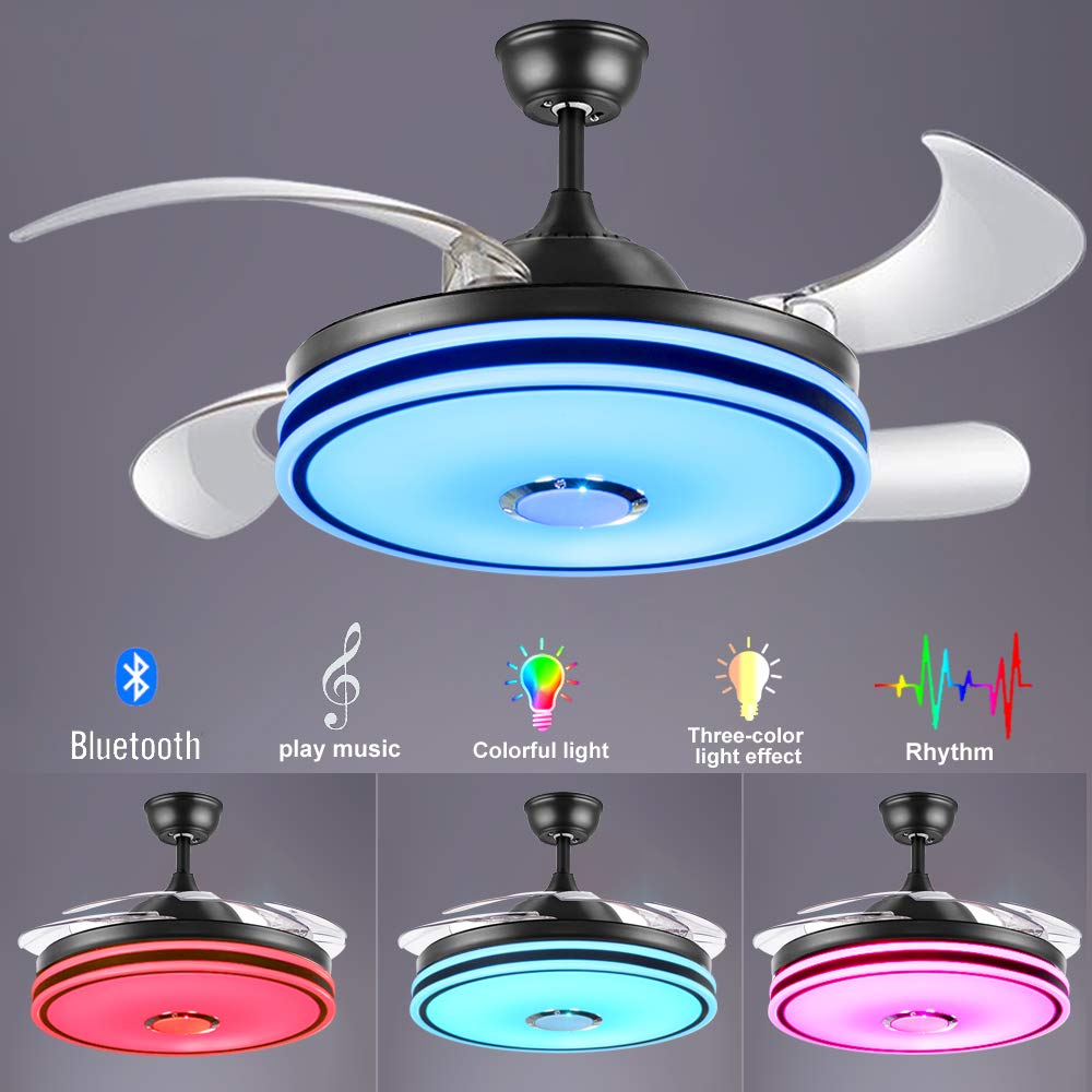 Retractable Ceiling Fan with Light with Bluetooth Speaker Color Changing 36W 42 Inch Music Black Invisible Blades Hidden Bluetooth Ceiling Fan Fandelier Chandelier Light with Remote Control