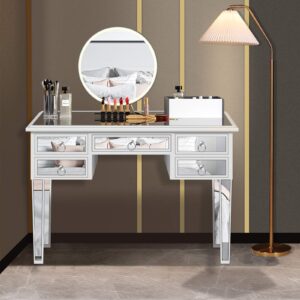 henf mirrored makeup vanity table desk,mirrored console table, 5 drawers media console table for women home office writing desk smooth finish