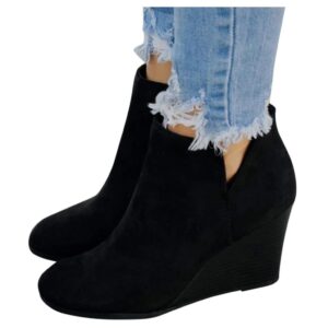 Women's Wedges Ankle Booties Retro V Cutout Comfy Short Boots Flock Leather Zip Closure Stacked Chunky Block Heels Shoes Black