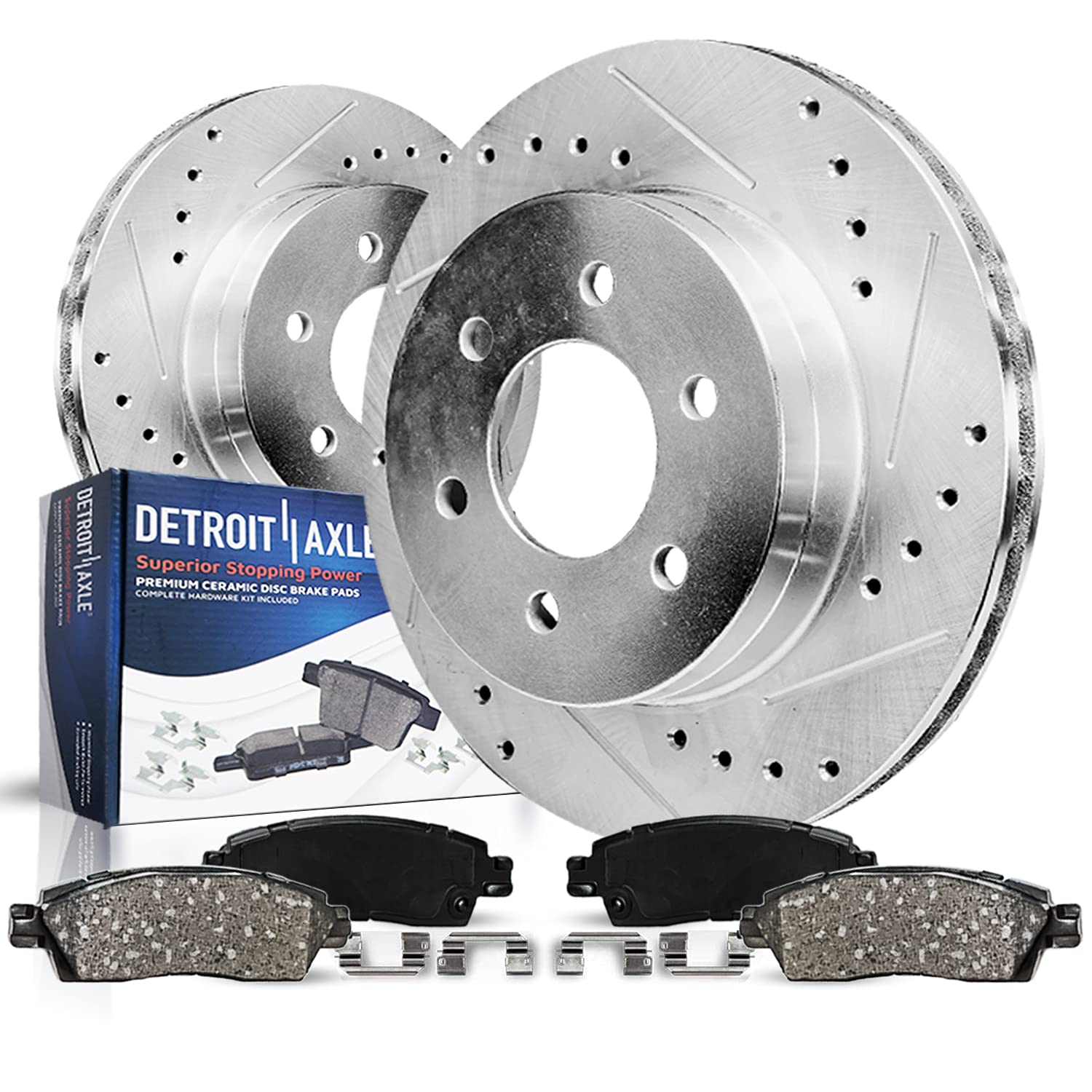 Detroit Axle - Front Brake Kit for 4WD 04-08 Ford F-150 Lincoln Mark LT Drilled & Slotted Brake Rotors 2004 2005 2006 2007 2008 Ceramic Brakes Pads Replacement