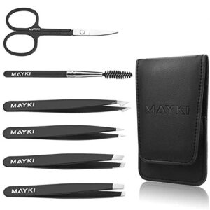 eyebrow tweezers set 6 pcs, professional stainless steel eyebrow tweezers kit for women/men, great precision tweezers set for eyebrow/facial hair removal/ingrown hairs/splinter/tick remover by mayki