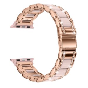 moolia metal band compatible with apple watch band 38mm 40mm 41mm women rhinestones resin wristband bling diamond bracelet replacement for iwatch series 9 8 7 6 5 4 3 2 1 se ultra, rose gold + pink