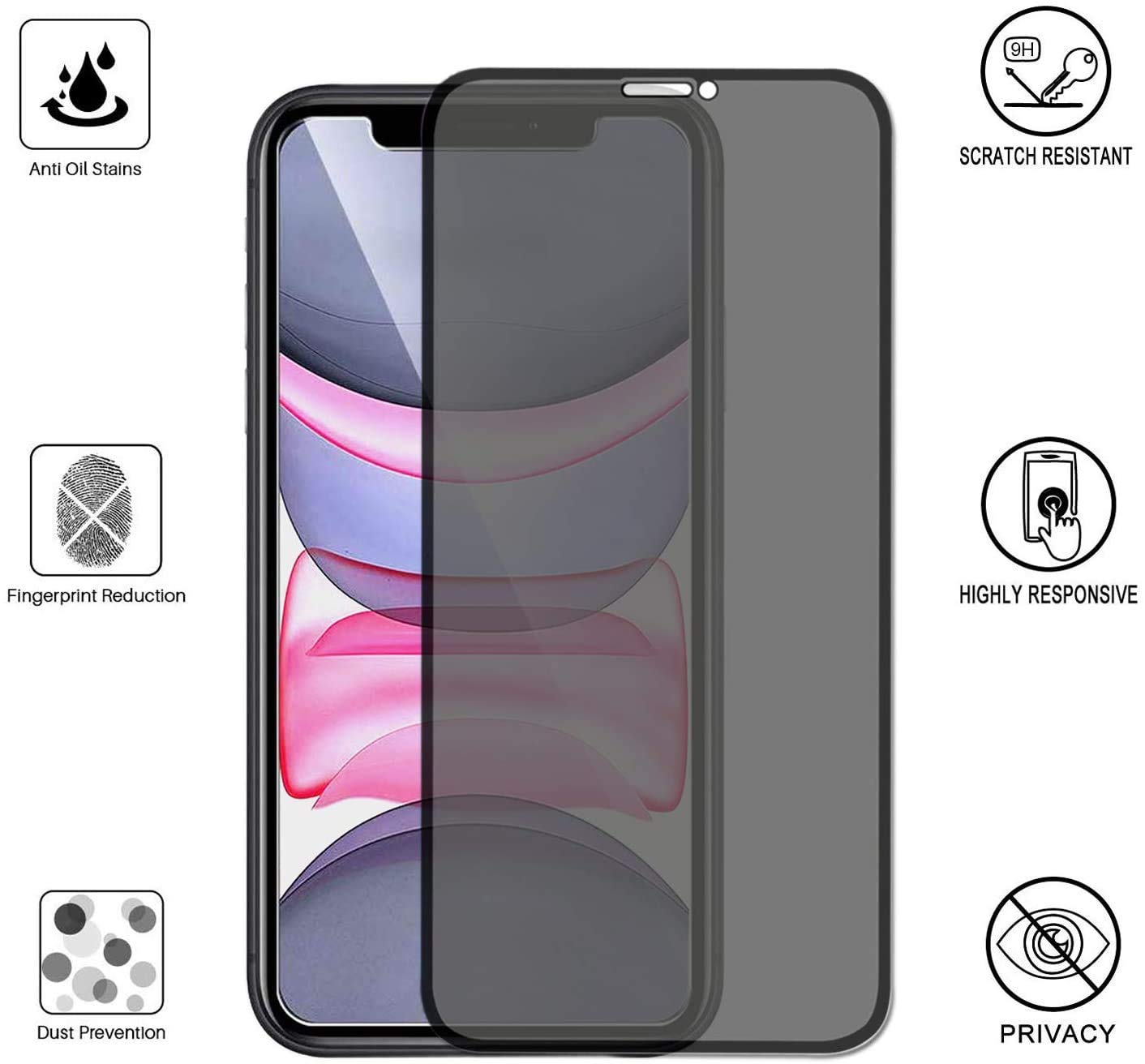 RoosterCo Privacy Screen Protector for iPhone 11/iPhone XR，Innovative Anti-Spy 2.5D Touch Full Cover 9H Tempered Glass [Bubble Free/Install easy] 6.1Inch, 2Pack