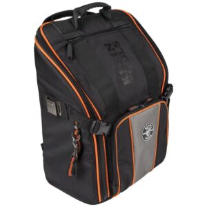 klein tools 55482 tool bag backpack, heavy duty tradesman pro tool organizer with 21 pockets and large interior, water resistant