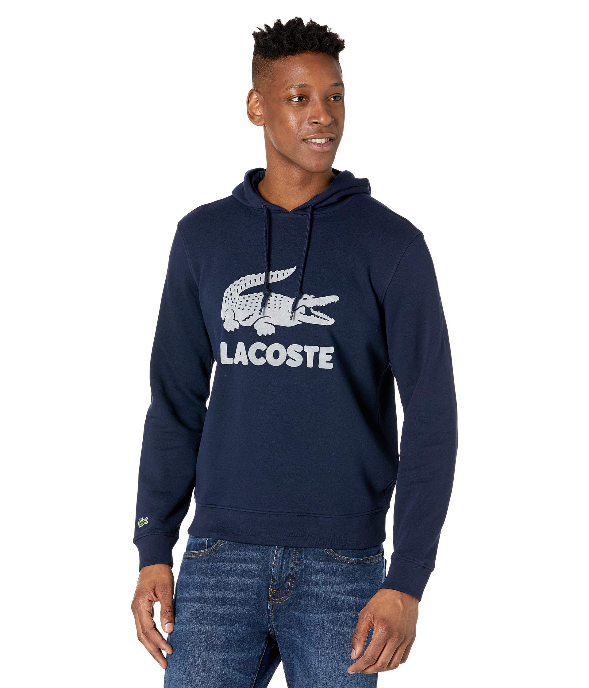 Lacoste mens Long Sleeve Flocked Graphic Croc Hooded Sweatshirt, Navy Blue, Medium US