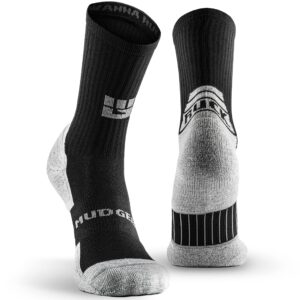 mudgear ruck crew socks - merino-wool hiking sock for women and men for sport, gym, running, basketball, football, military, work etc. - boot height armour cushioned athletic socks (black/gray, large)