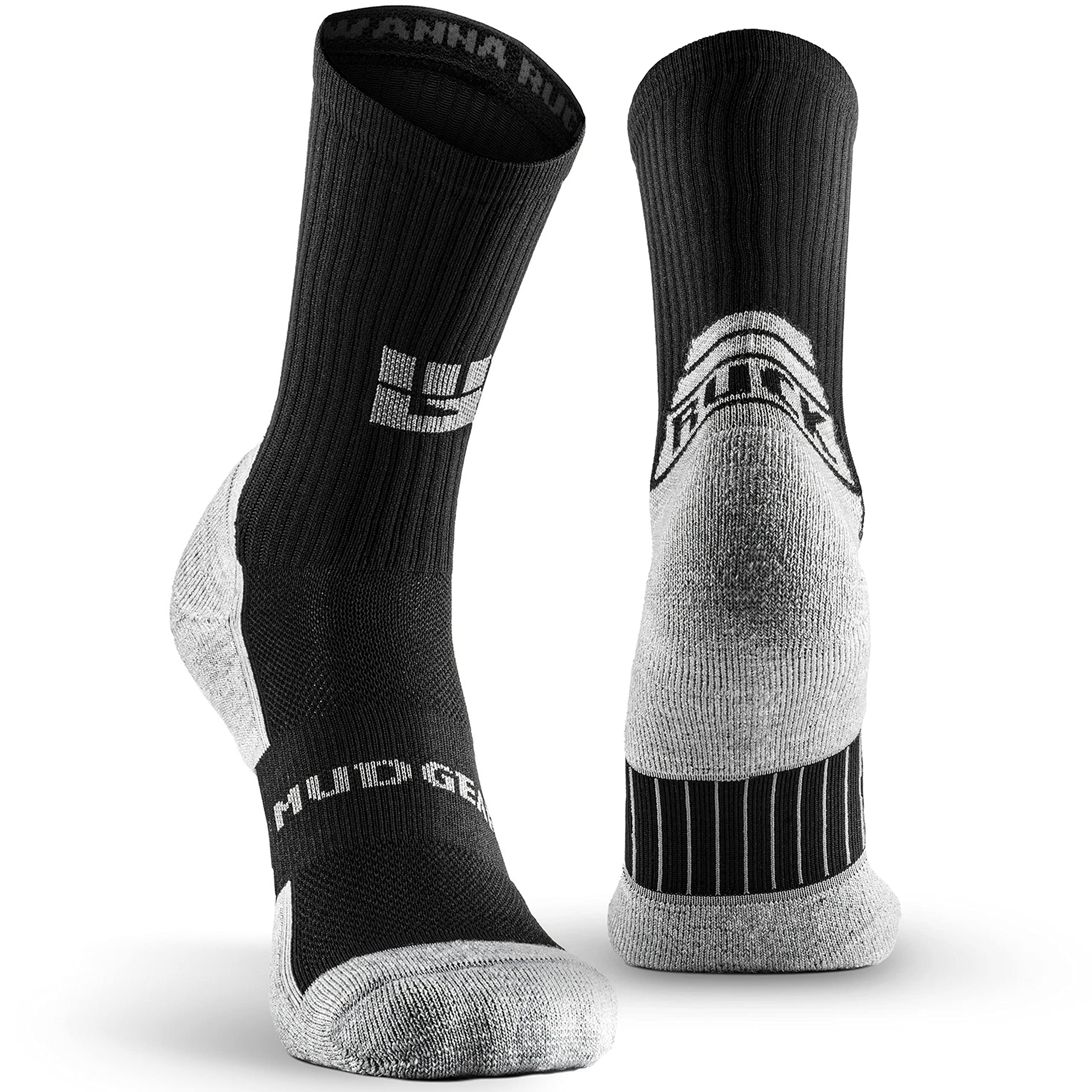 MudGear Ruck Crew Socks - Merino-Wool Hiking Sock for Women and Men for Sport, Gym, Running, Basketball, Football, Military, Work etc. - Boot Height Armour Cushioned Athletic Socks (Black/Gray, Large)