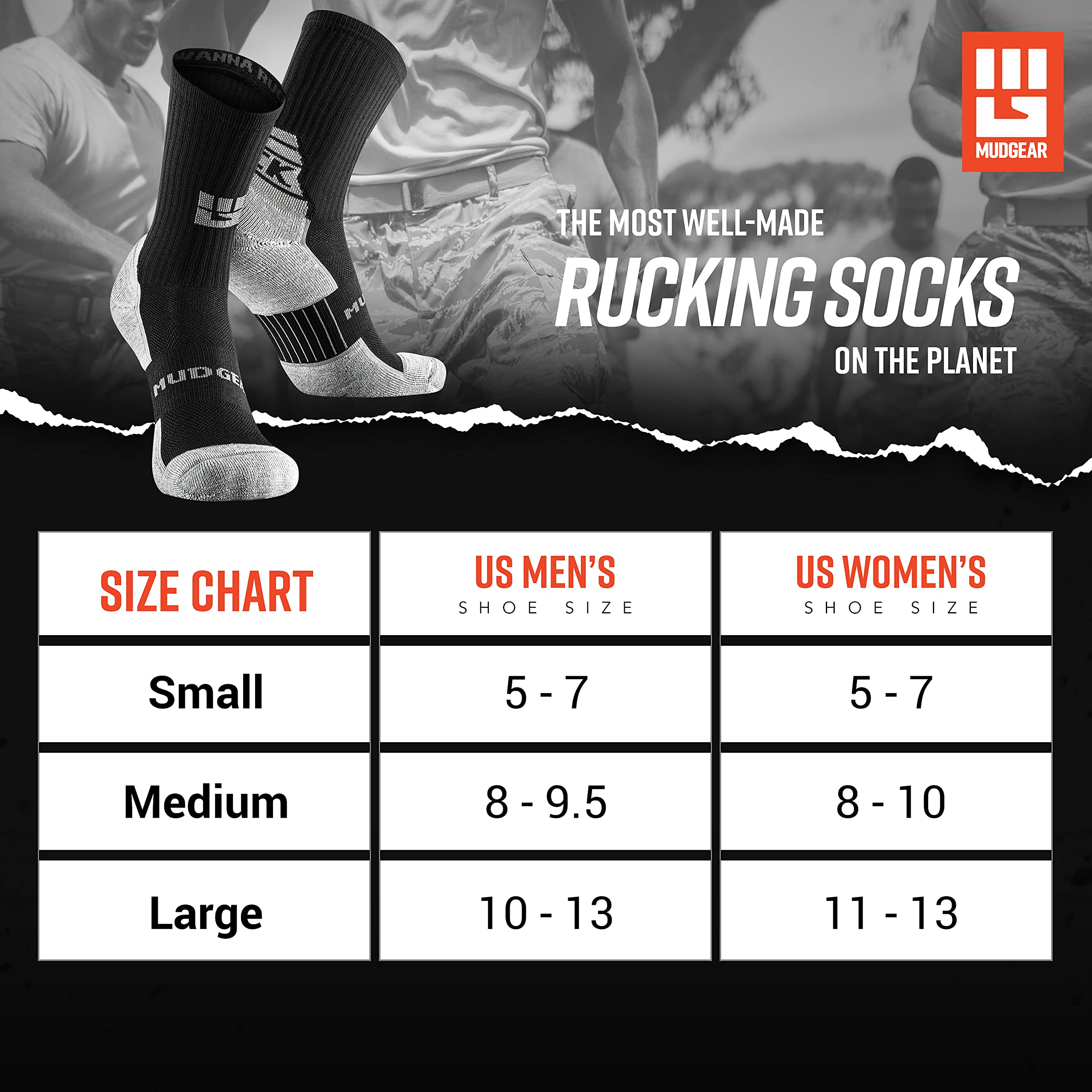 MudGear Ruck Crew Socks - Merino-Wool Hiking Sock for Women and Men for Sport, Gym, Running, Basketball, Football, Military, Work etc. - Boot Height Armour Cushioned Athletic Socks (Black/Gray, Large)