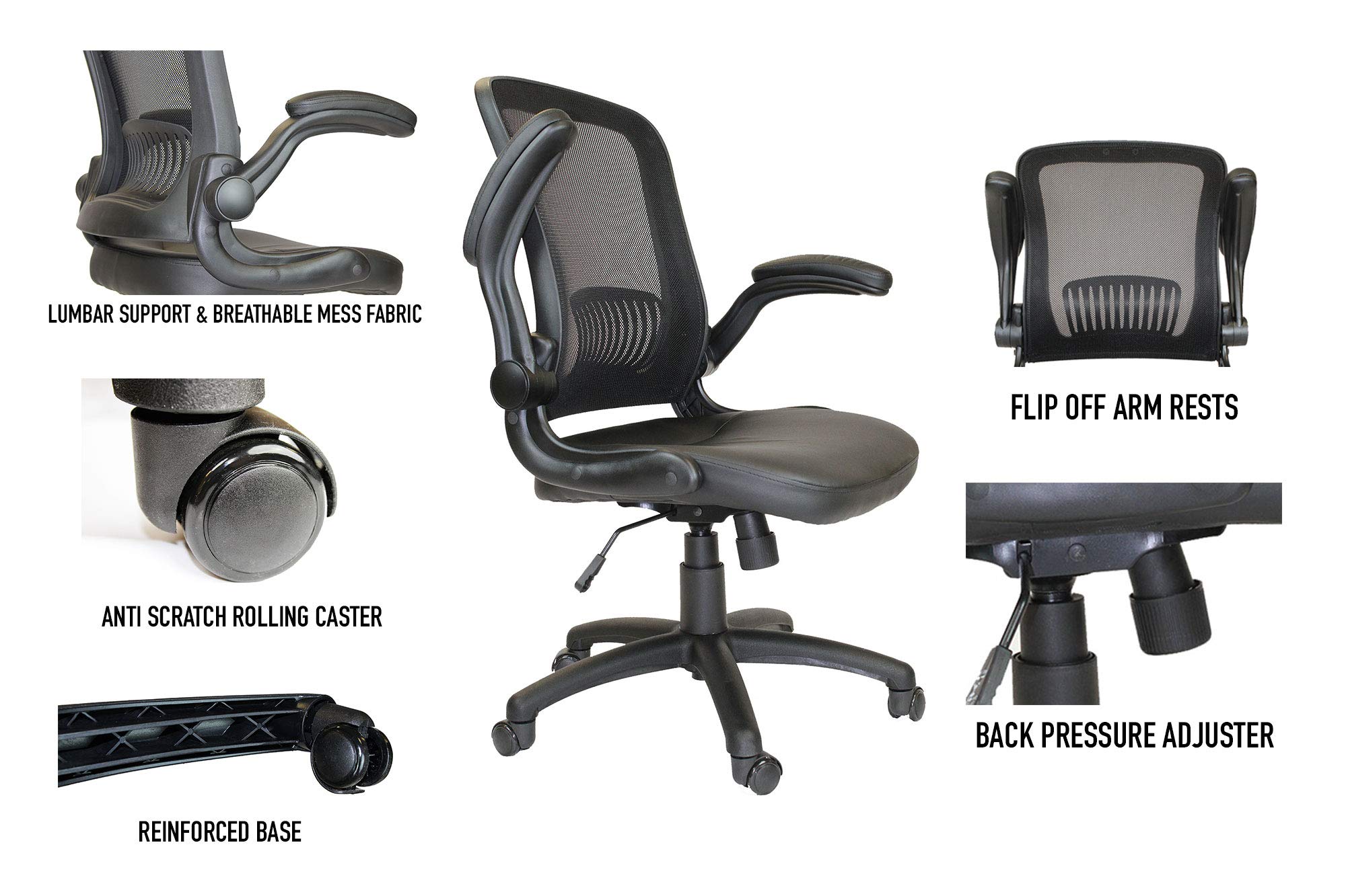 OFFICE FACTOR Ergonomic Office Chair Mesh Back Faux Leather Seat, Computer Chair with Padded Flip-Up Arms Lumbar Support Executive Chair for Home Office (Black Chair)