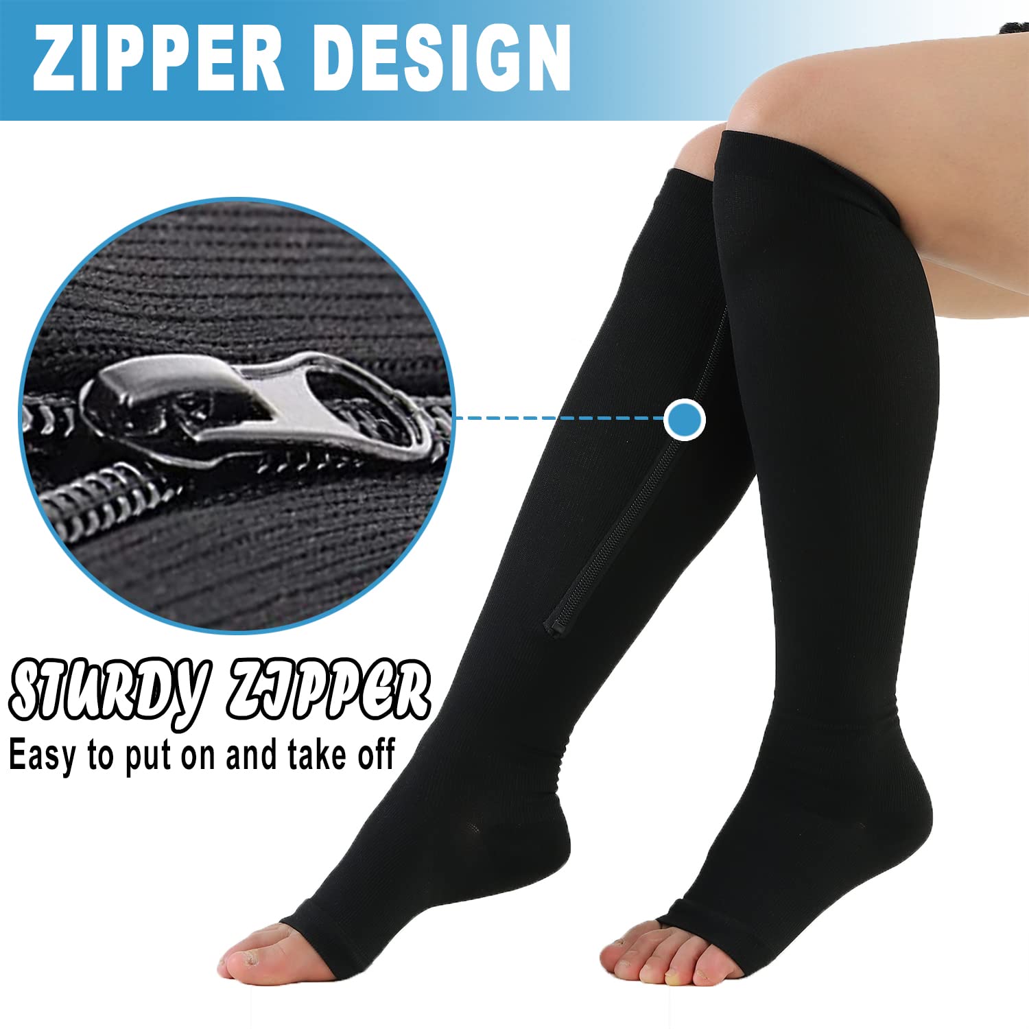 Bacophy 2 Pairs Zipper Compression Calf Socks 15-20 mmHg Open Toe Women Men