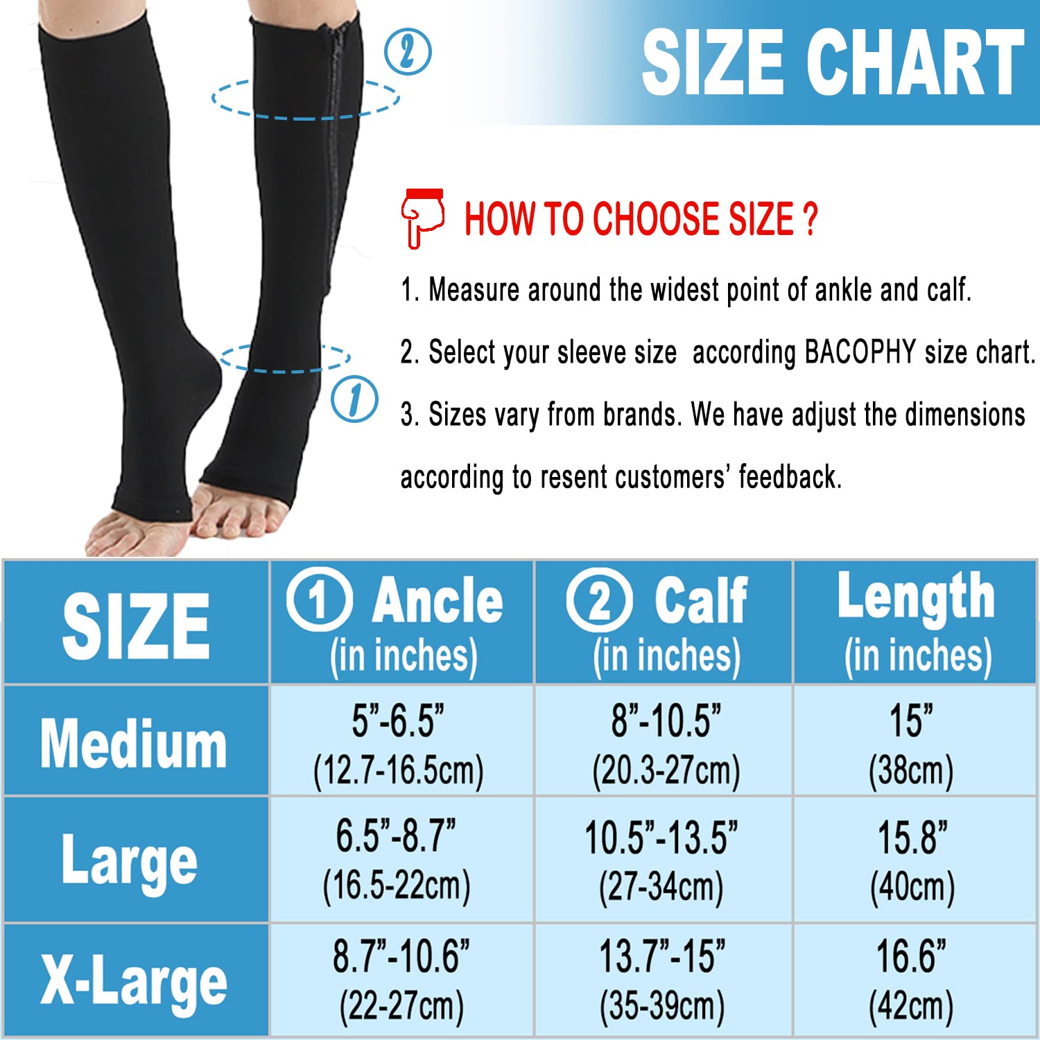 Bacophy 2 Pairs Zipper Compression Calf Socks 15-20 mmHg Open Toe Women Men