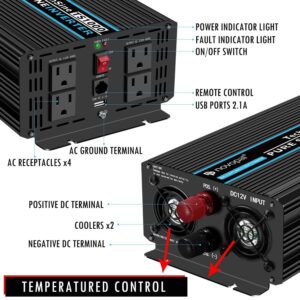 Novopal Pure Sine Wave Power Inverter 1000 Watt 12V DC to 110V/120V AC Converter 4 AC Outlets Car Inverter with One USB Port 16.4 Feet Remote Control and Two Cooling Fans Black