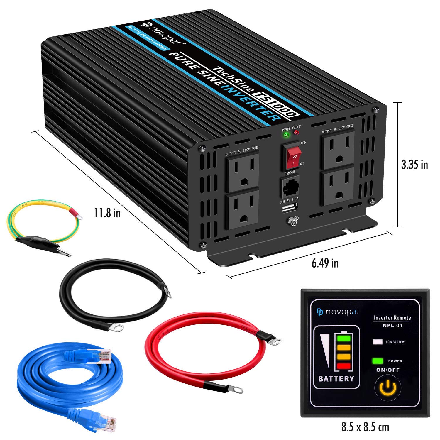 Novopal Pure Sine Wave Power Inverter 1000 Watt 12V DC to 110V/120V AC Converter 4 AC Outlets Car Inverter with One USB Port 16.4 Feet Remote Control and Two Cooling Fans Black