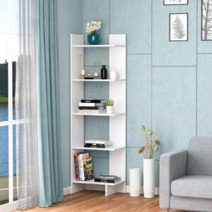 Tangkula 5-Shelf Bookcase, Room Divider and Display Shelf, Freestanding Decorative Storage Shelving, Wooden Bookshelf for Home Living Room Office Bedroom, Room Divider Bookshelf (White, 2)