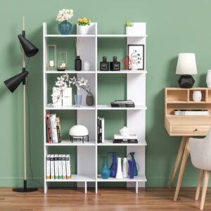 Tangkula 5-Shelf Bookcase, Room Divider and Display Shelf, Freestanding Decorative Storage Shelving, Wooden Bookshelf for Home Living Room Office Bedroom, Room Divider Bookshelf (White, 2)