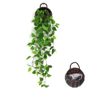 anzome artificial hanging plants, 3.5ft ivy vine fake leaves green chain for indoor outdoor wall home room garden wedding garland decoration(basket included)