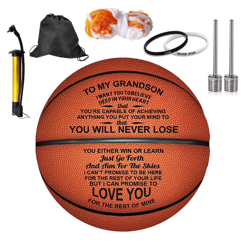 KWOOD Customized 29.5" Basketballs Gifts for Grandson, Personalized Indoor/Outdoor Game Leather Basketball, Engraved Graduation Christmas Birthday Gift for Grandson