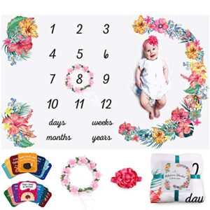 athena futures baby monthly milestone blanket for girl, baby gifts, baby milestone blanket for baby girl, blankets for newborn girls, 60"x40" soft floral blanket with wreath & hairband markers