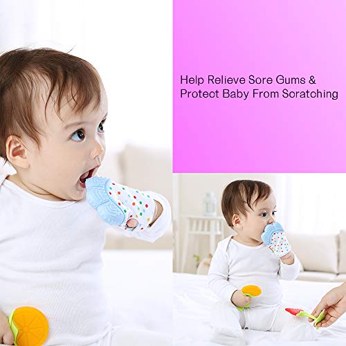 Teething Mittens for Baby (2 Pack) with Baby Teething Toys (3 Pack), Self Soothing Pain Relief Mitt, Silicone Baby Teethers, BPA-Free, Natural Organic Freezer Safe for Infants and Toddlers