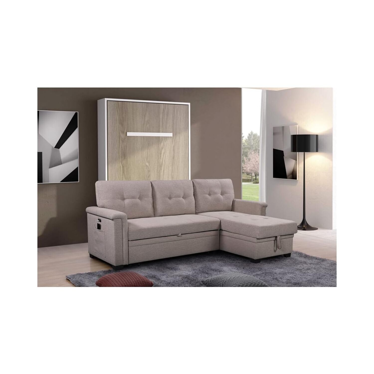 Lilola Home Ashlyn Light Gray Reversible Sleeper Sectional Sofa with Storage Chaise, USB Charging Ports and Pocket