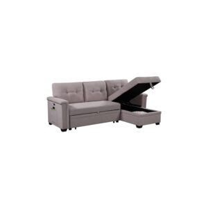 Lilola Home Ashlyn Light Gray Reversible Sleeper Sectional Sofa with Storage Chaise, USB Charging Ports and Pocket