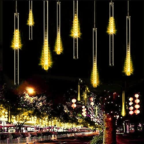 MUEQU Solar Light Outdoor, Waterproof Christmas String Lights Solar LED Meteor Shower Rain Lights Falling Raindrop Light 8Tubes 288LED Fairy Lights for Xmas Tree Garden Party Decor (Warm White)