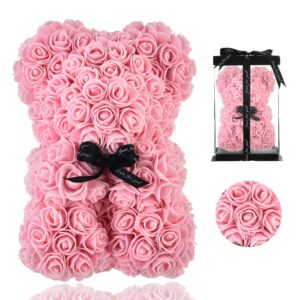 rose bear - rose teddy bear on every rose bear -flower bear perfect for anniversary's - clear gift box included! 10 inche (light pink)