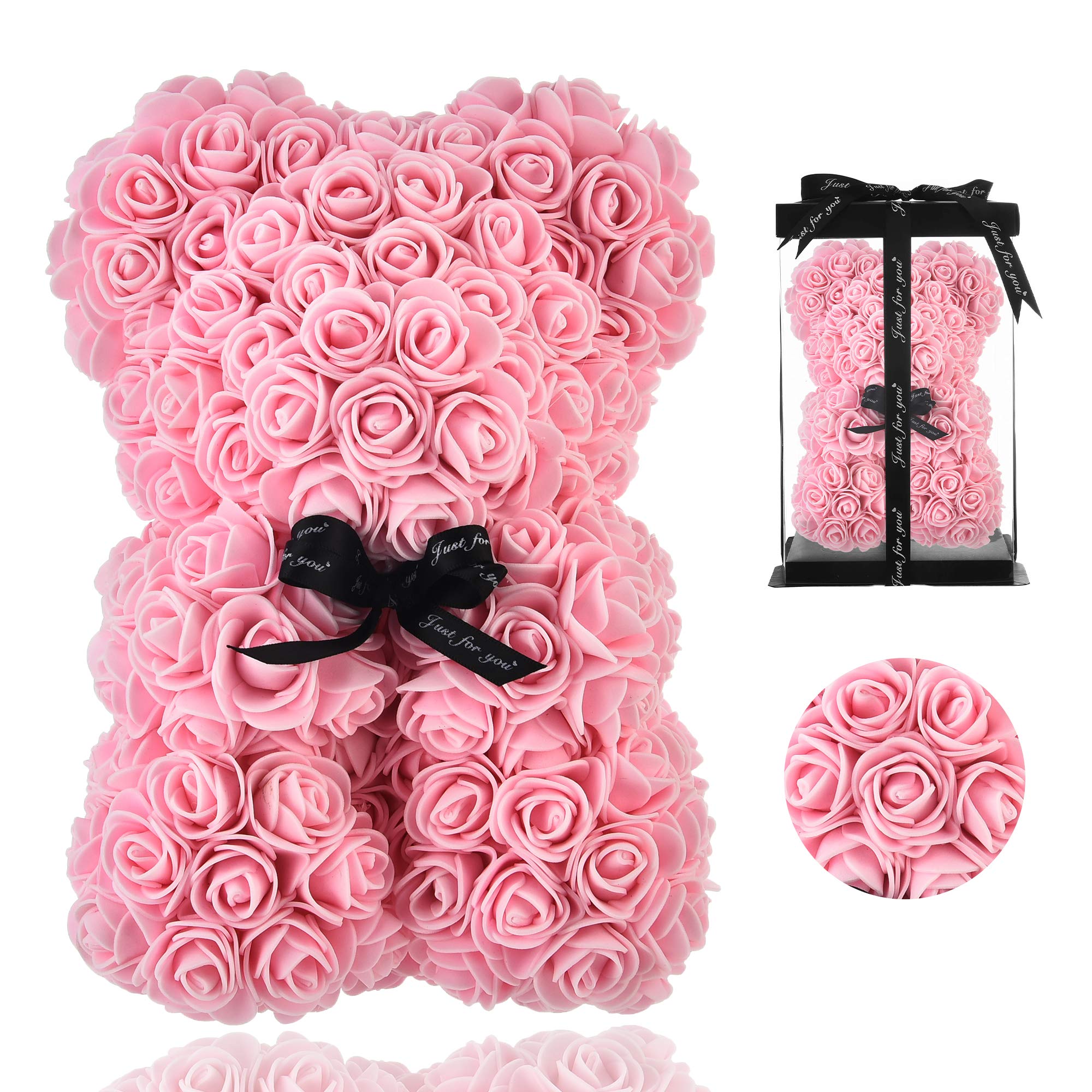 Rose Bear - Rose Teddy Bear on Every Rose Bear -Flower Bear Perfect for Anniversary's - Clear Gift Box Included! 10 Inche (Light Pink)