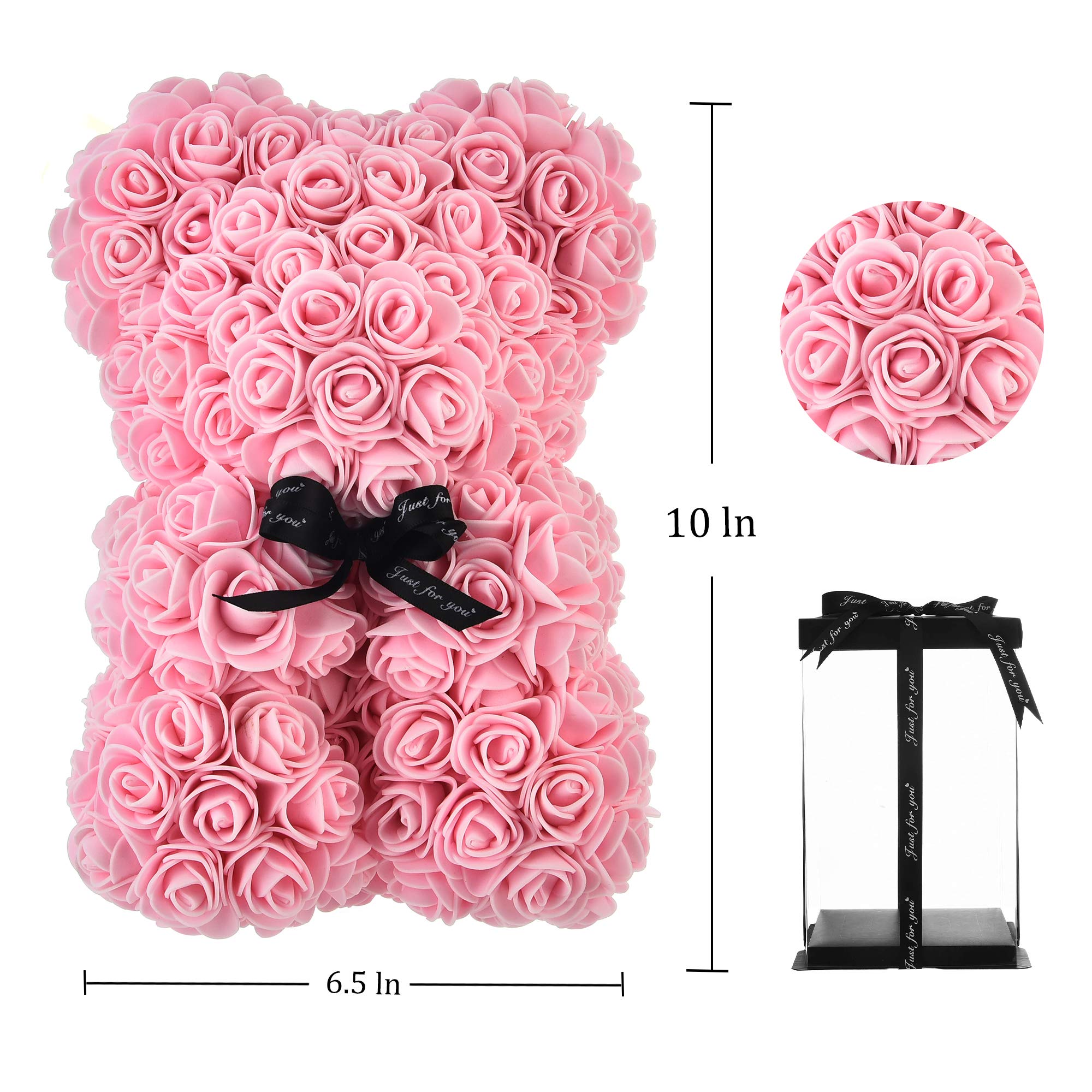 Rose Bear - Rose Teddy Bear on Every Rose Bear -Flower Bear Perfect for Anniversary's - Clear Gift Box Included! 10 Inche (Light Pink)