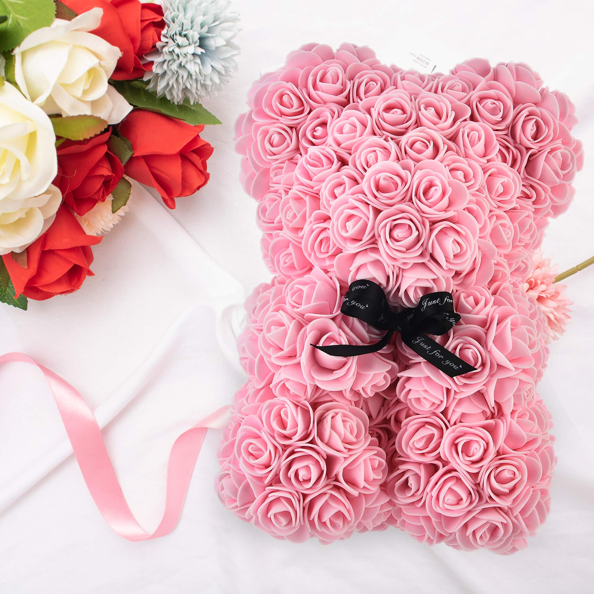 Rose Bear - Rose Teddy Bear on Every Rose Bear -Flower Bear Perfect for Anniversary's - Clear Gift Box Included! 10 Inche (Light Pink)