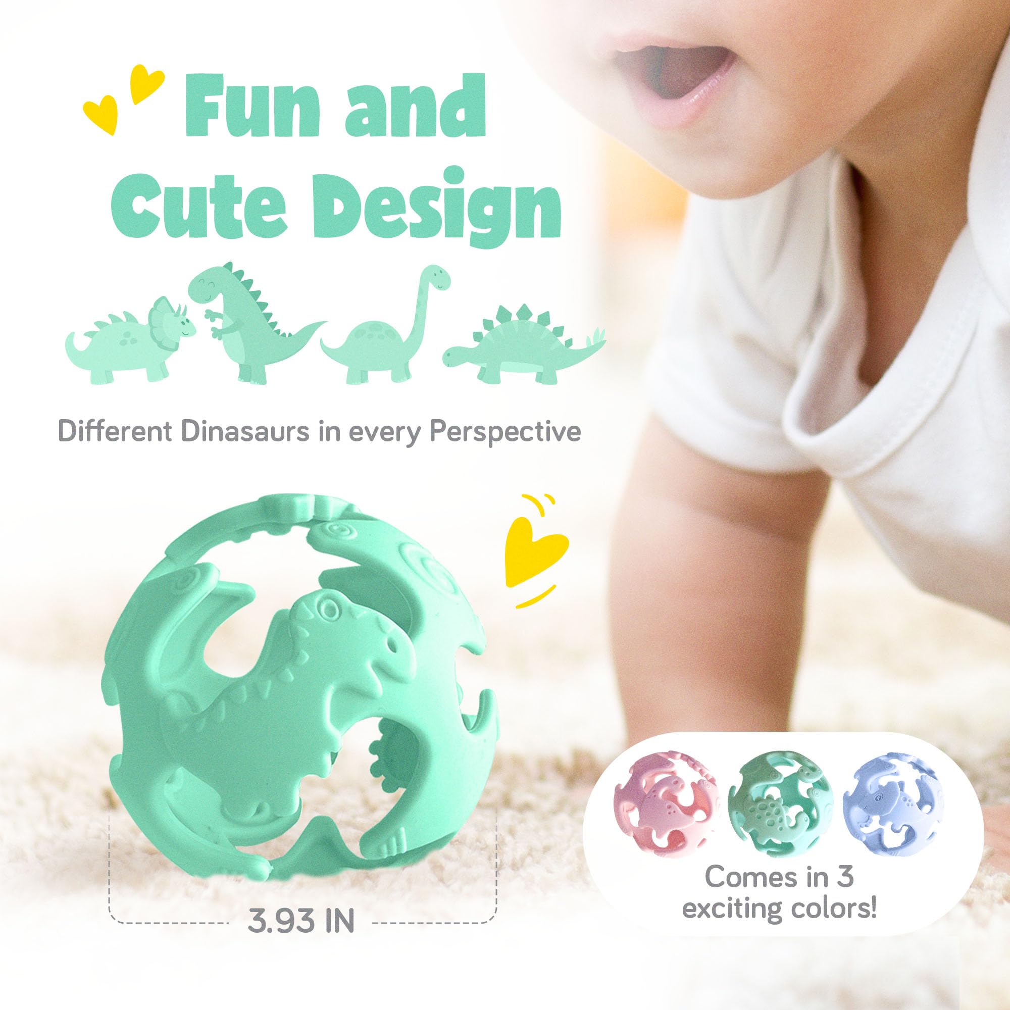 Dinosaur Baby Teething Toys, Food-Grade Silicone Teethers for Babies 0-18 Months, Textured Sensory Balls Teething Toy, Soft and Safe Sensory Chew Toys for Teething Baby Easy to Clean Green - Ashtonbee