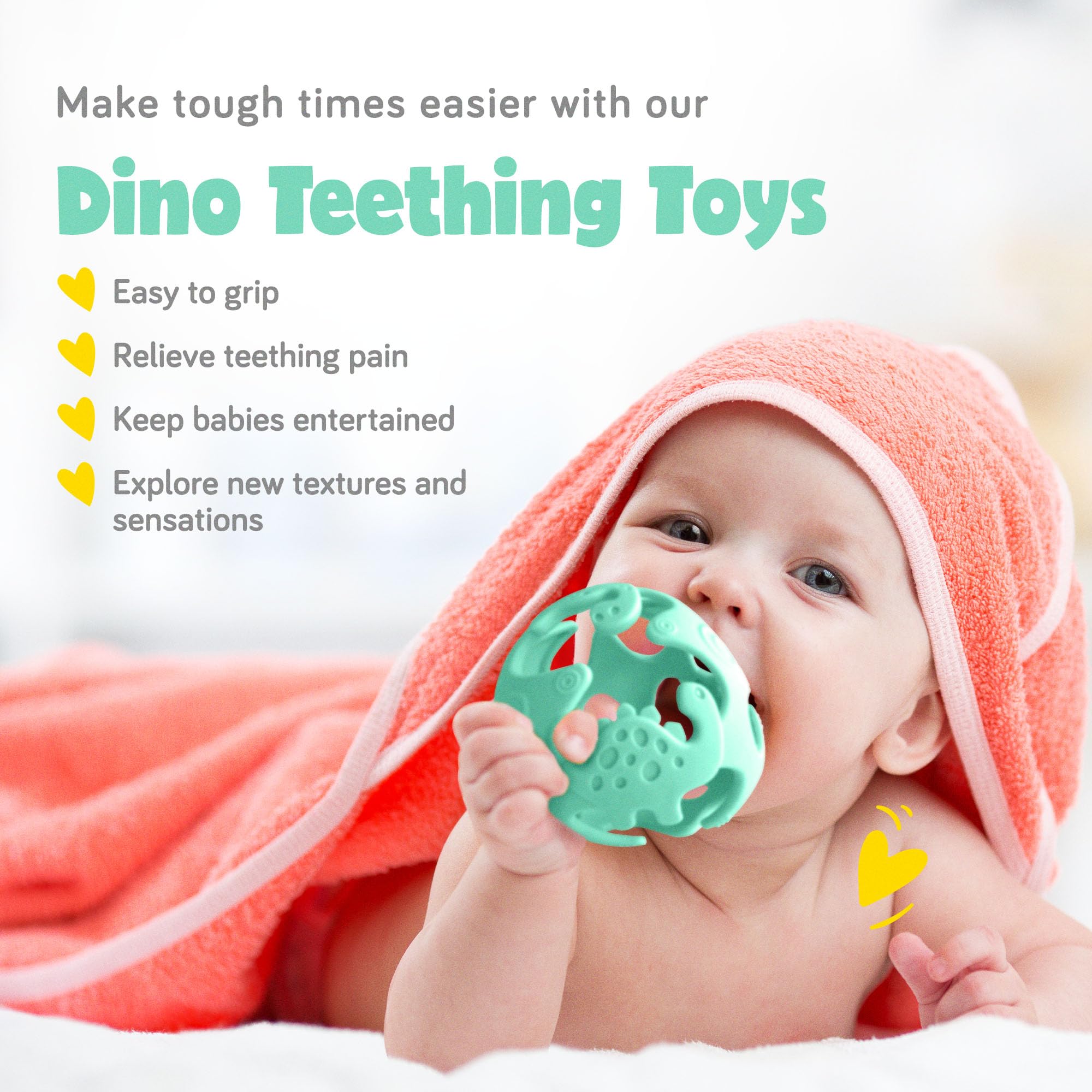 Dinosaur Baby Teething Toys, Food-Grade Silicone Teethers for Babies 0-18 Months, Textured Sensory Balls Teething Toy, Soft and Safe Sensory Chew Toys for Teething Baby Easy to Clean Green - Ashtonbee